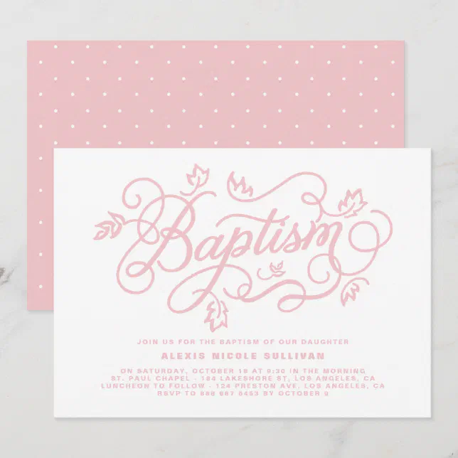 Rustic Pink Foliage Lettering Baptism Invitation | Zazzle