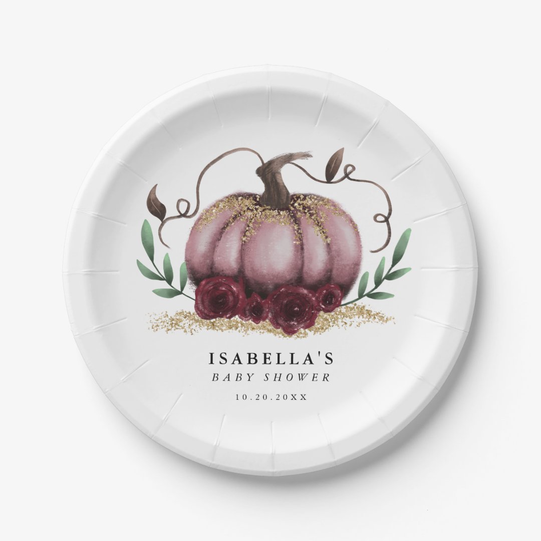Rustic Pink Gold Pumpkin Baby Shower Paper Plates | Zazzle