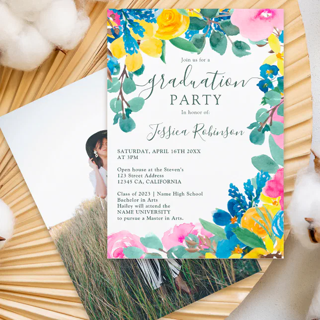 Rustic pink green floral photo graduation invitation | Zazzle