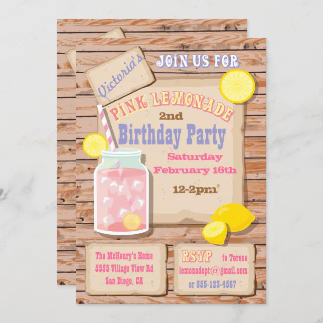 Rustic Pink Lemonade Birthday Party Invitations | Zazzle