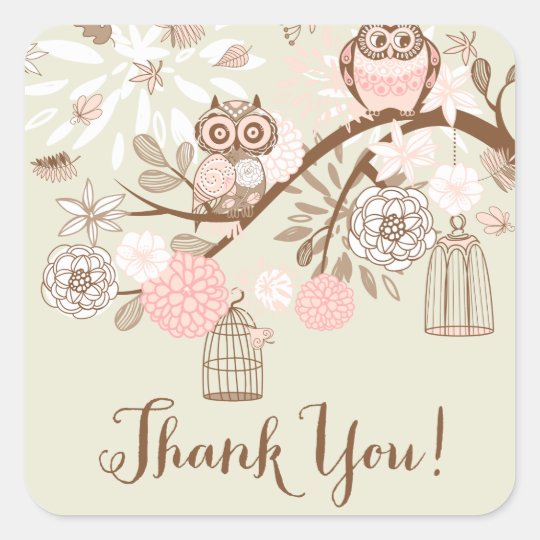 Rustic Pink Owls and Birdcages Thank You Sticker | Zazzle.com