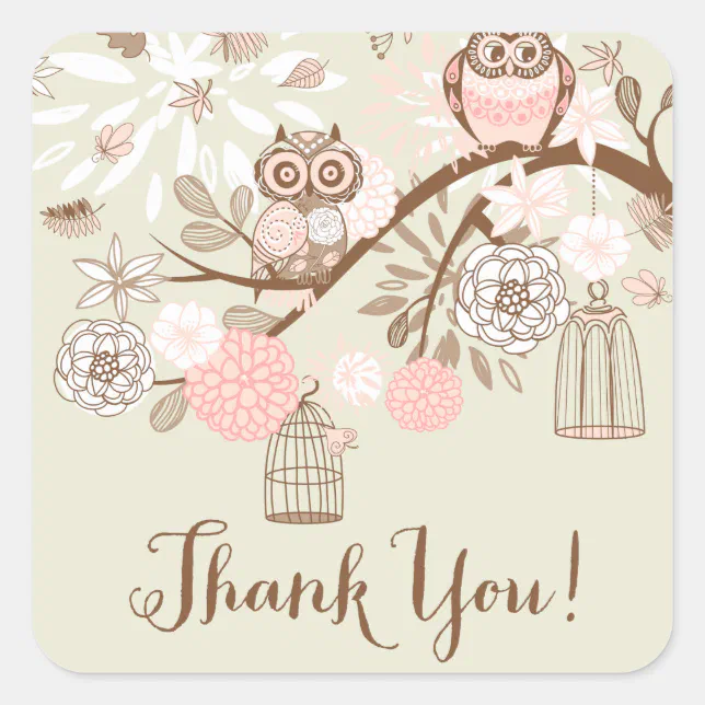 Rustic Pink Owls and Birdcages Thank You Sticker | Zazzle