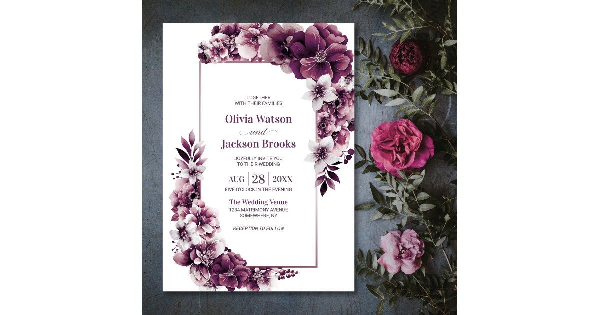 Rustic Pink Plum Floral Wedding Invitation | Zazzle