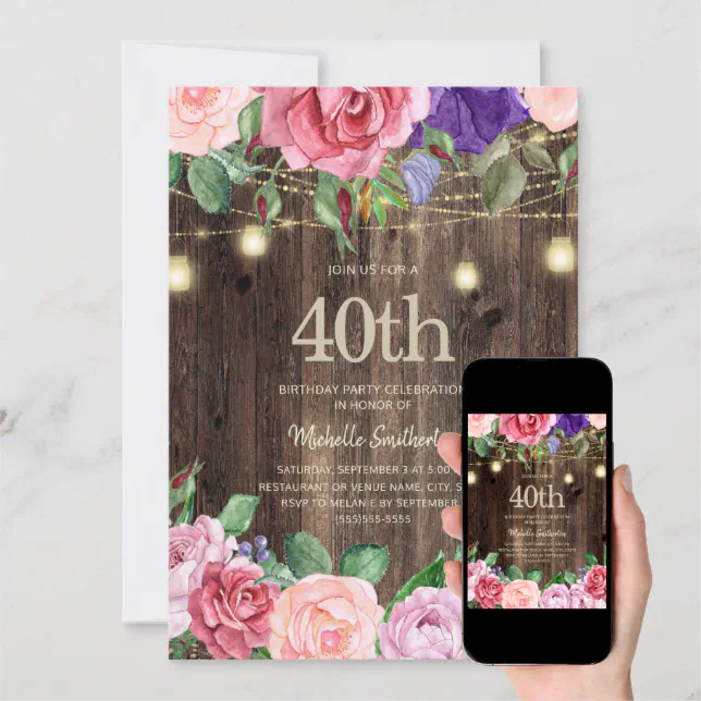 Rustic Pink Purple Flowers String Lights 40th Invitation | Zazzle