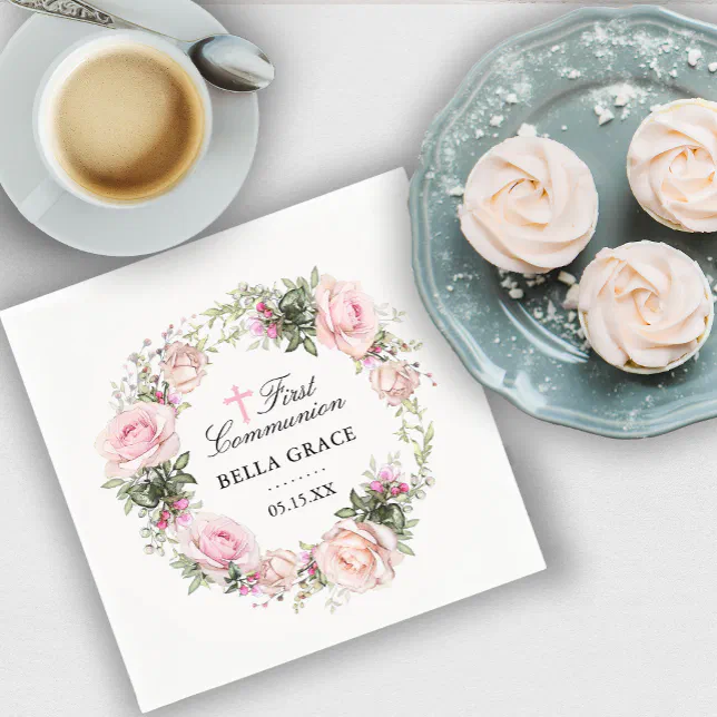 Rustic Pink Rose Floral First Communion Napkins | Zazzle