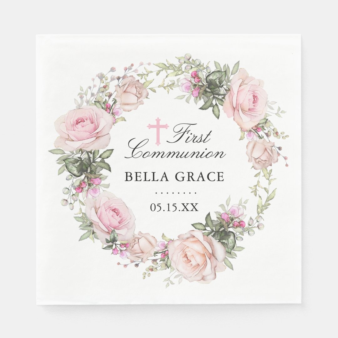 Rustic Pink Rose Floral First Communion Napkins | Zazzle