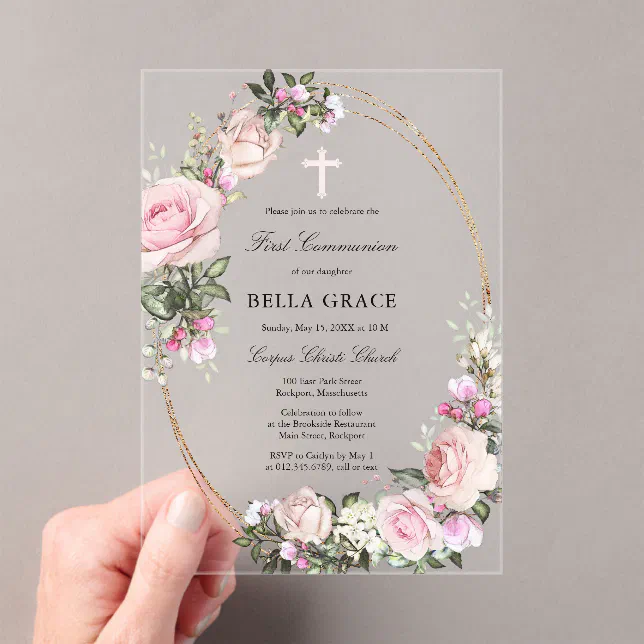 Rustic Pink Rose Floral First Holy Communion Acrylic Invitations | Zazzle