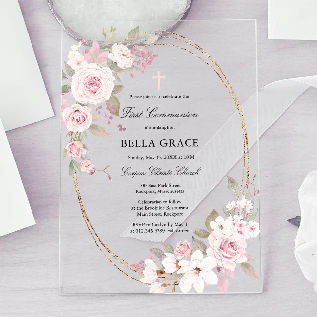 Rustic Pink Rose Floral First Holy Communion Acrylic Invitations | Zazzle