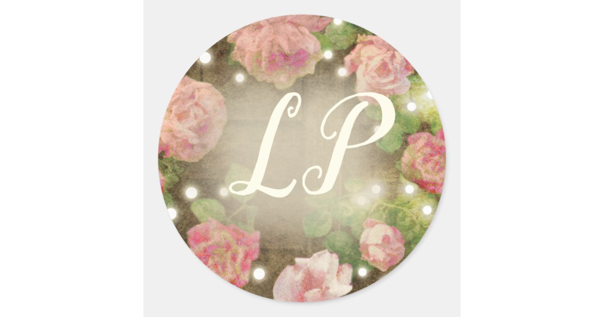 Rustic Pink Rose Floral String Lights Monogram Classic Round Sticker ...