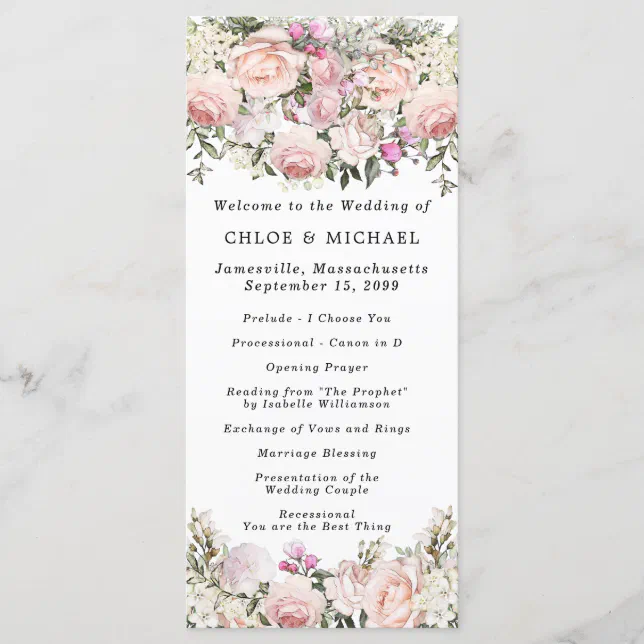 Rustic Pink RoseFloral Wedding Program | Zazzle