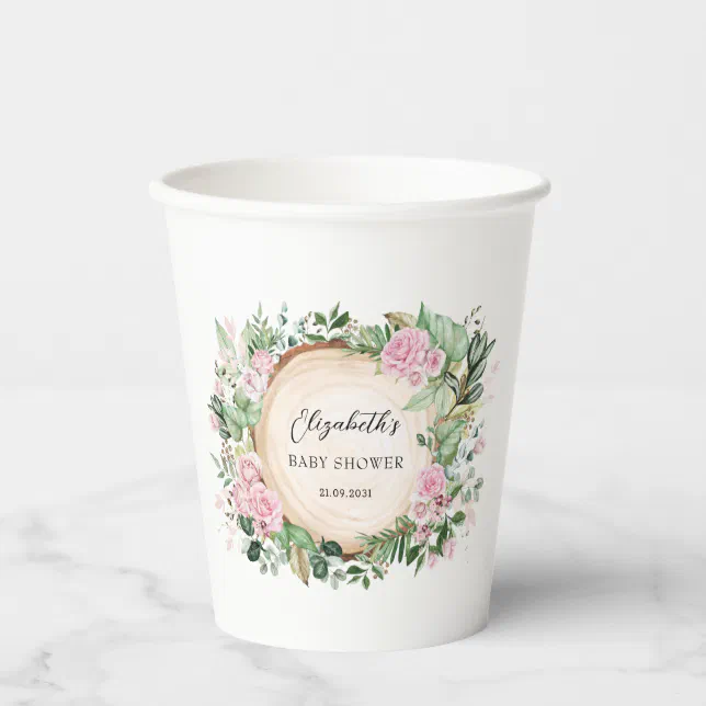 Rustic Pink Roses Greenery Baby Girl Shower Favors Paper Cups | Zazzle