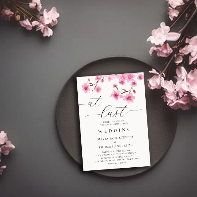 Rustic Pink Spring Cherry Blossoms At Last Wedding Invitation | Zazzle
