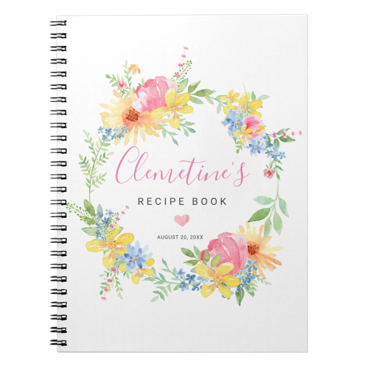 Rustic Pink Yellow Watercolor Floral Recipe Book | Zazzle