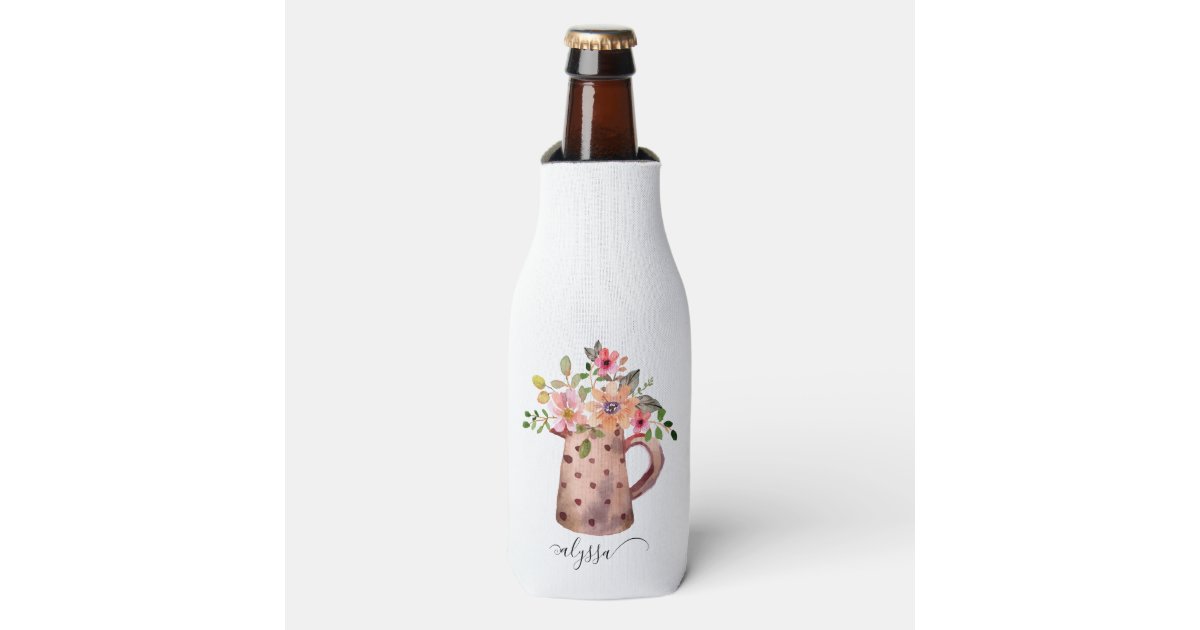 Rustic Pitcher Peach & Mauve Watercolor Floral Bottle Cooler | Zazzle