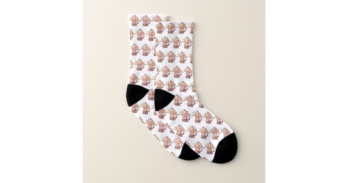 Rustic Pitcher Peach & Mauve Watercolor Floral Socks | Zazzle