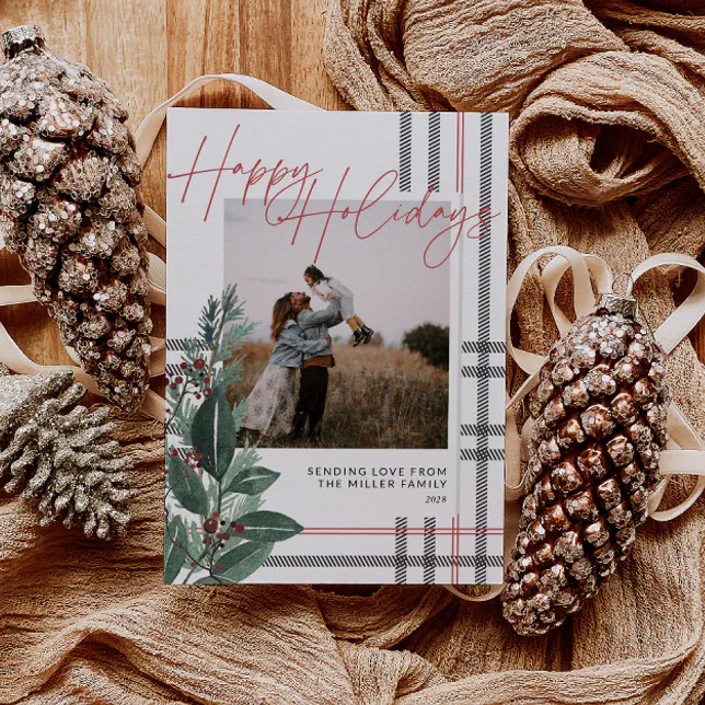 Rustic Plaid Greenery Family Christmas Holiday Card | Zazzle