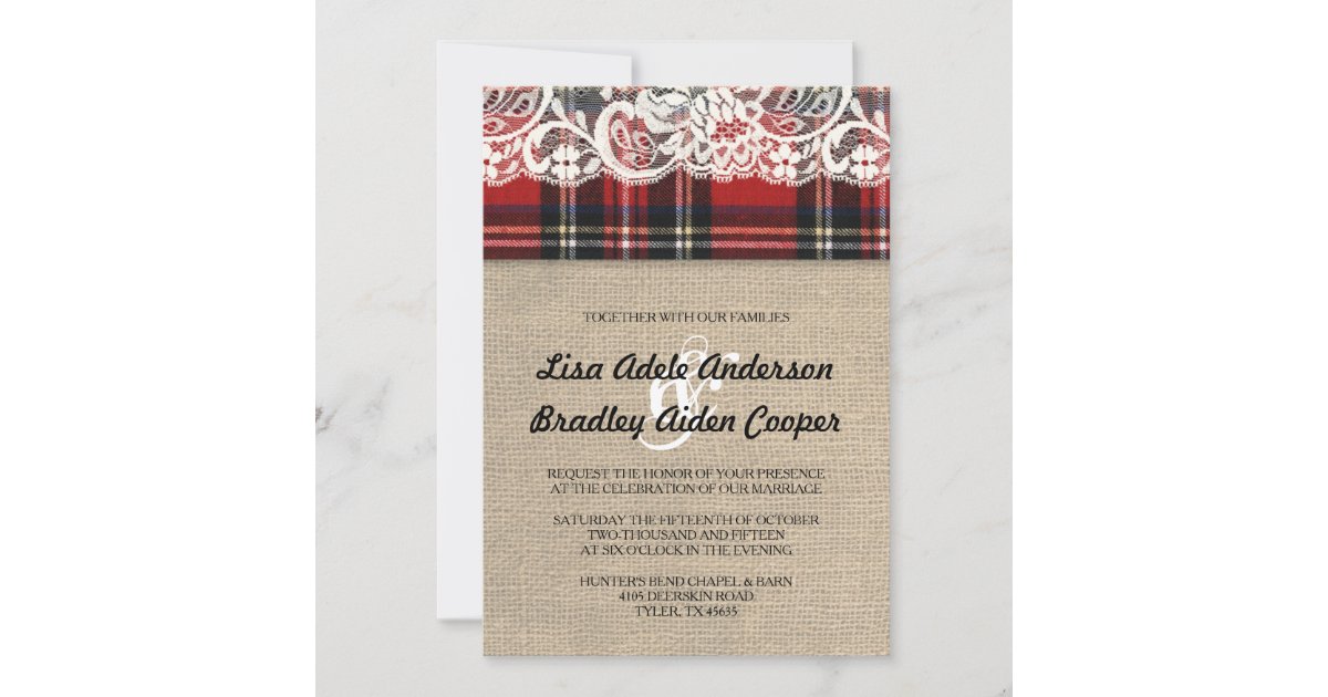 Rustic Plaid Lace Country Wedding Invitation | Zazzle
