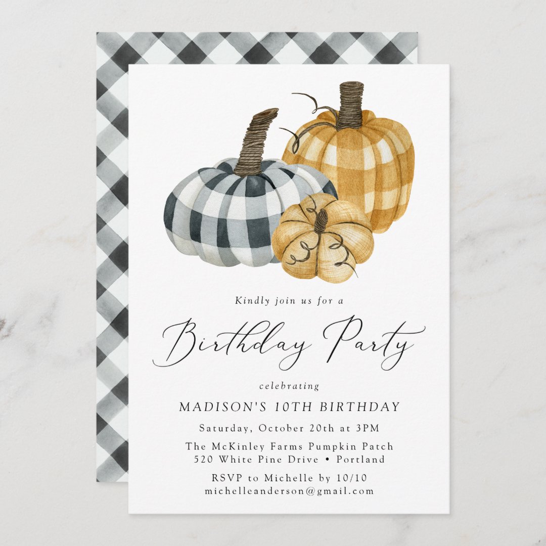 Rustic Plaid Pumpkins Fall Birthday Party Invitation | Zazzle