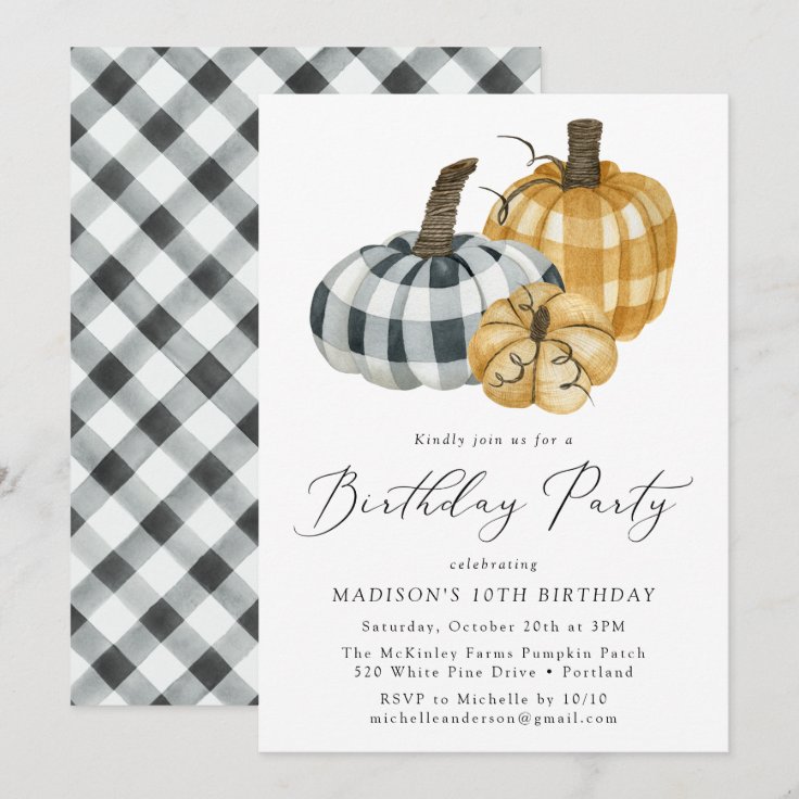 Rustic Plaid Pumpkins Fall Birthday Party Invitation | Zazzle