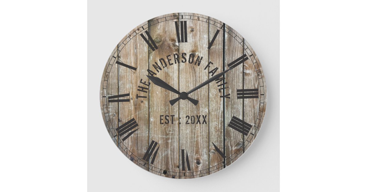 Rustic Planks Wood Custom Family Name Farmhouse Large Clock | Zazzle