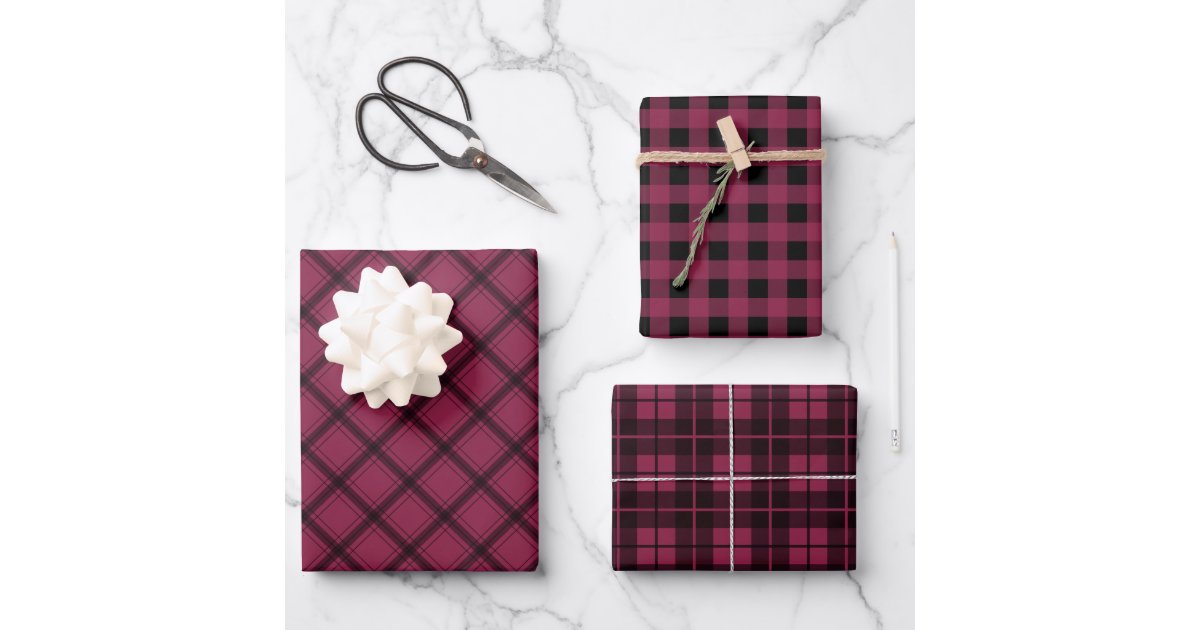 Rustic Plum Black Plaid Buffalo Check Mixed Patter Wrapping Paper ...
