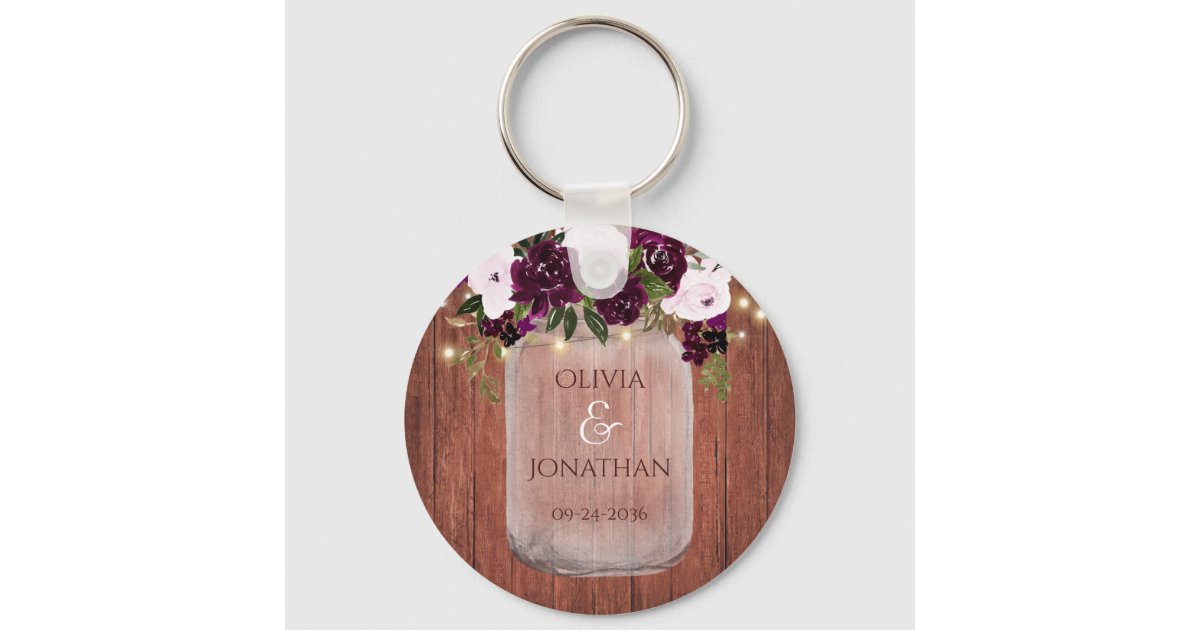 Rustic Plum Floral Mason Jar Lights Wedding Favor Keychain | Zazzle