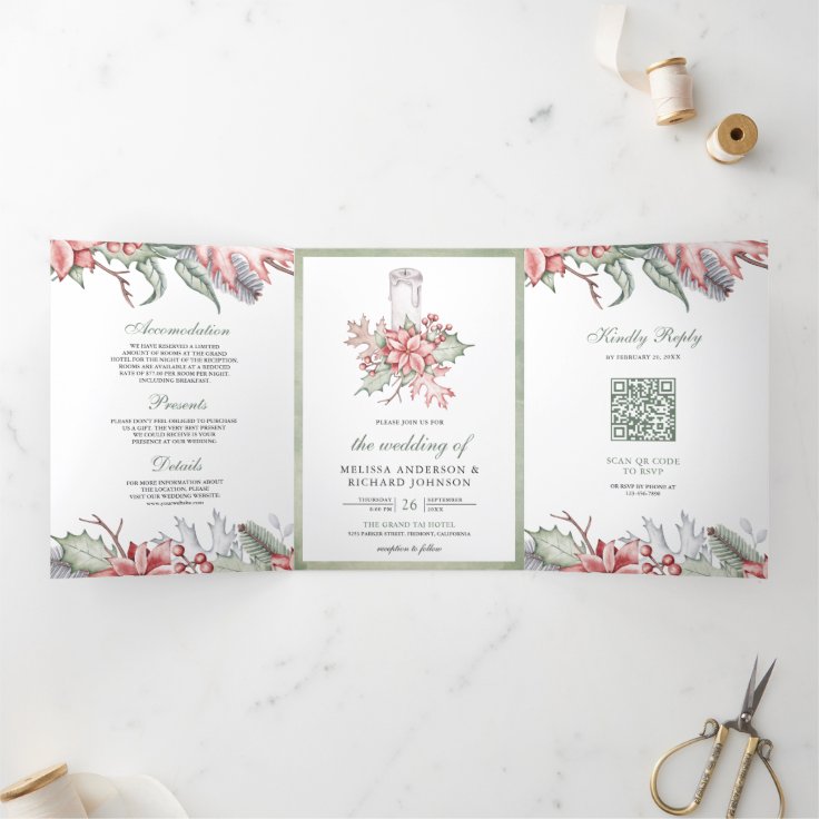 Rustic Poinsettia Christmas Candle QR Code Wedding Tri-Fold Invitation ...