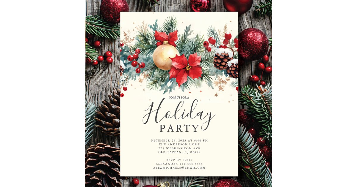 Rustic Poinsettia Christmas Party Invitation | Zazzle