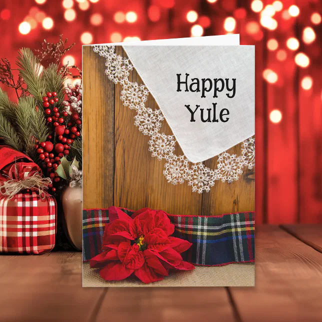 Rustic Poinsettia Flower and Plaid Happy Yule Holiday Card | Zazzle