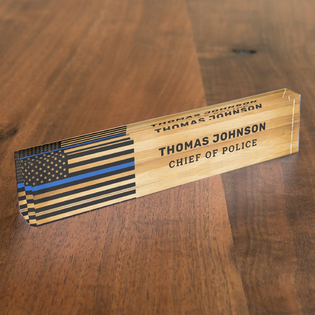 Rustic Police Officer Thin Blue Line Flag Wood Desk Name Plate | Zazzle