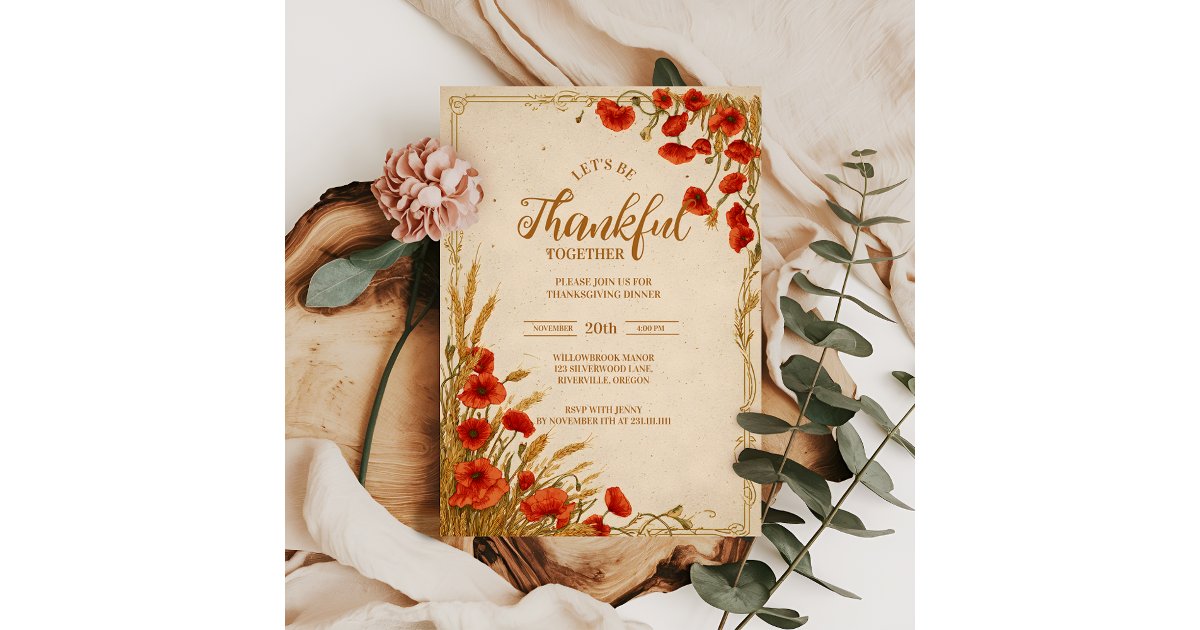 Rustic Poppy Thanksgiving Celebration Invitation | Zazzle