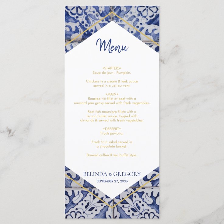 Rustic Portuguese Tiles Wedding Menu | Zazzle