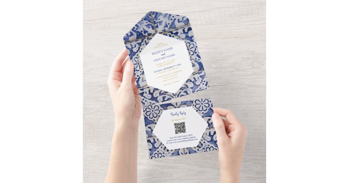 Rustic Portuguese Tiles Wedding QR Code All In One Invitation | Zazzle