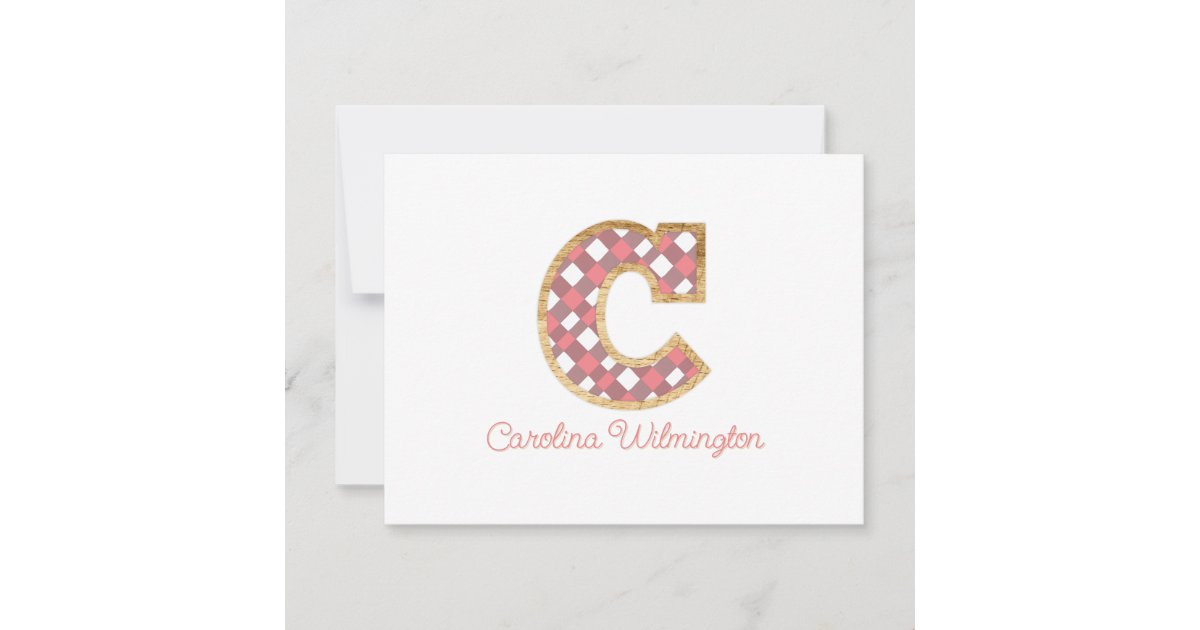 Rustic & Preppy "C" Pink Gingham on Wood Girly Note Card | Zazzle