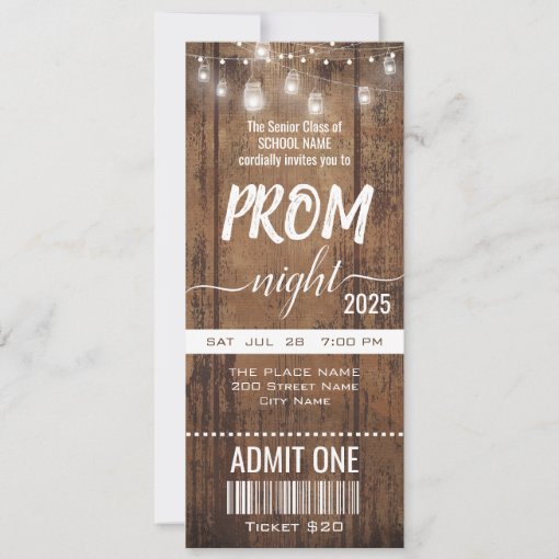 Rustic Prom Night Party Ticket Invitation | Zazzle
