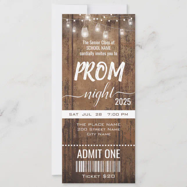 Rustic Prom Night Party Ticket Invitation | Zazzle