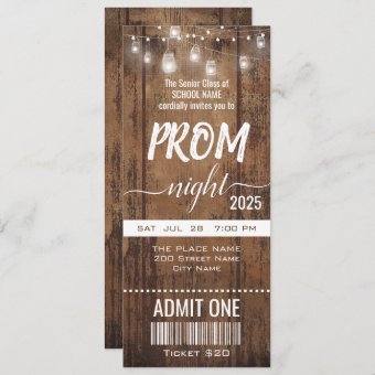 Rustic Prom Night Party Ticket Invitation | Zazzle