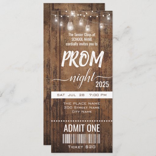 Rustic Prom Night Party Ticket Invitation | Zazzle