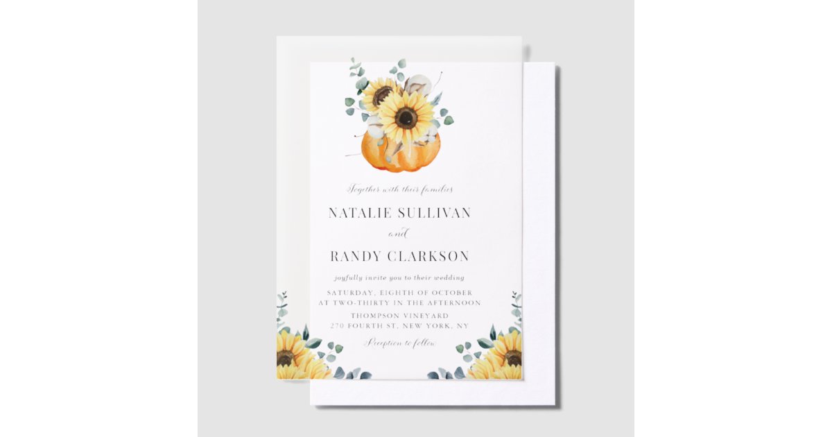 Rustic Pumpkin and Sunflowers Fall Wedding Vellum Invitations | Zazzle