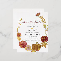 Rustic Pumpkin Autumn Fall Save The Date Foil Invitation Postcard | Zazzle
