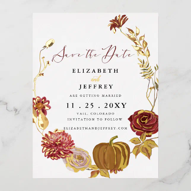 Rustic Pumpkin Autumn Fall Save The Date Foil Invitation Postcard | Zazzle