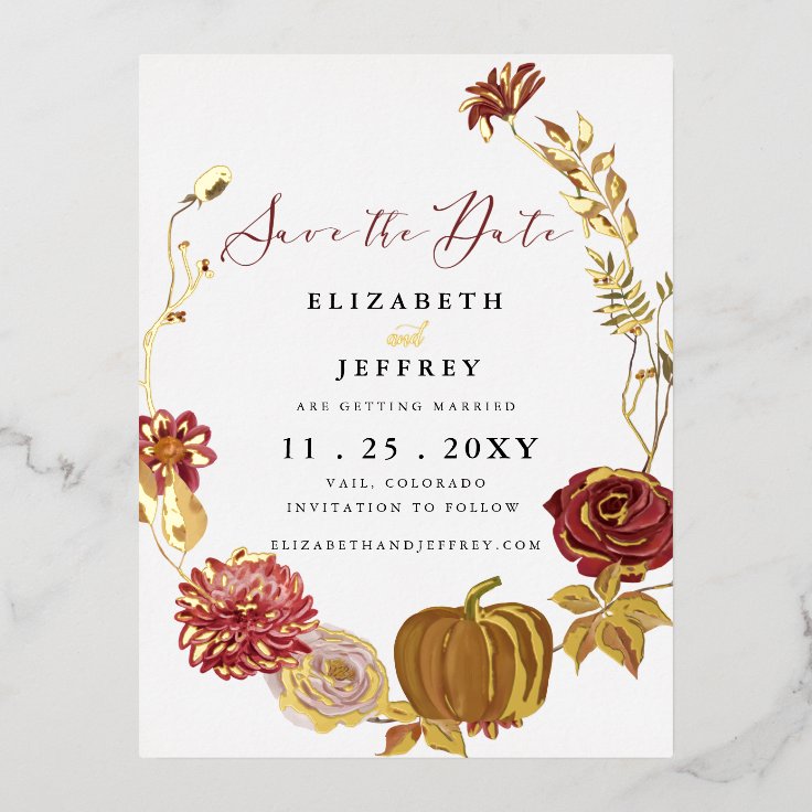 Rustic Pumpkin Autumn Fall Save The Date Foil Invitation Postcard | Zazzle