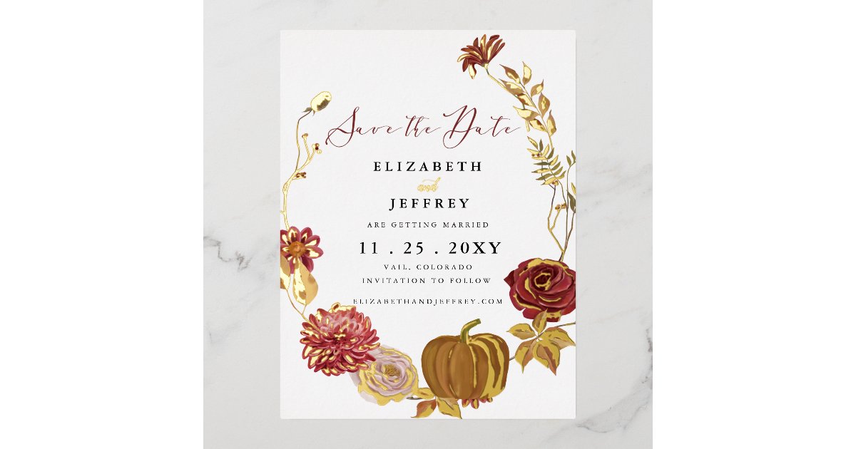 Rustic Pumpkin Autumn Fall Save The Date Foil Invitation Postcard | Zazzle
