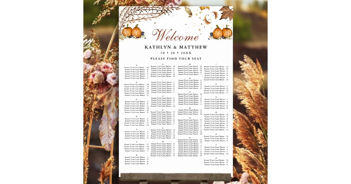 Rustic Pumpkin Autumn Wedding Alphabetical Seating Poster | Zazzle