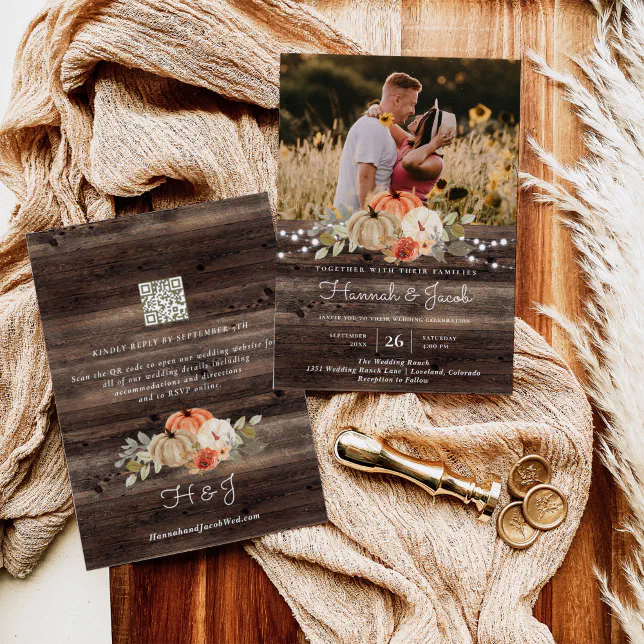 Rustic Pumpkin Fall Barn Wood Wedding QR Code Invitation | Zazzle