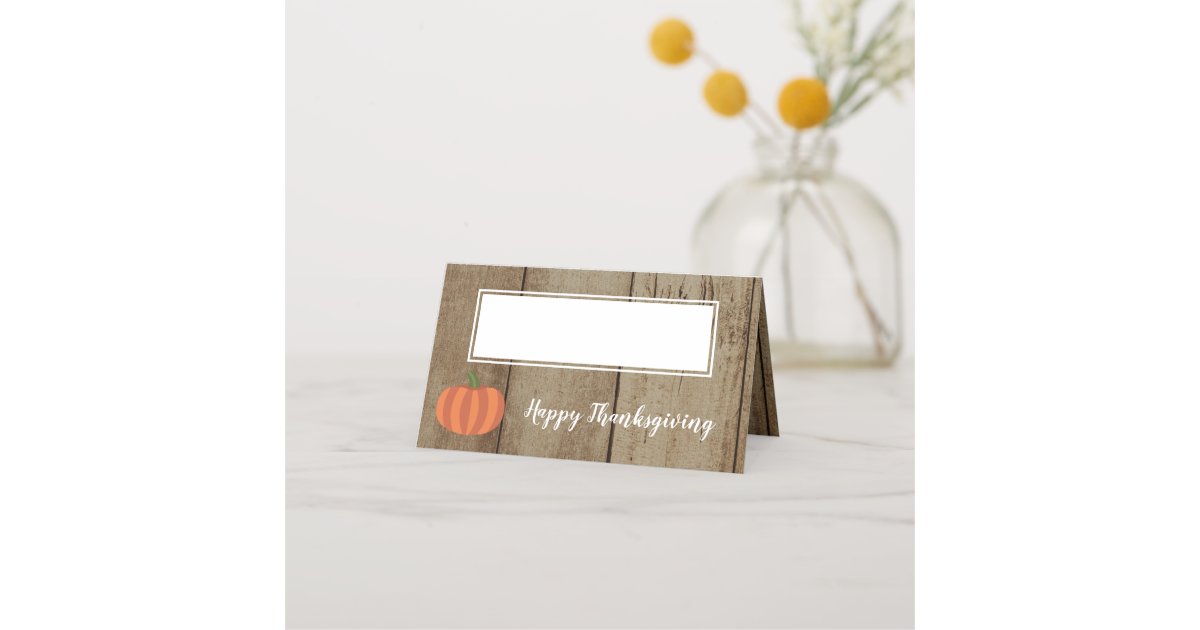 Rustic Pumpkin Faux Wood Fall Happy Thanksgiving Place Card | Zazzle