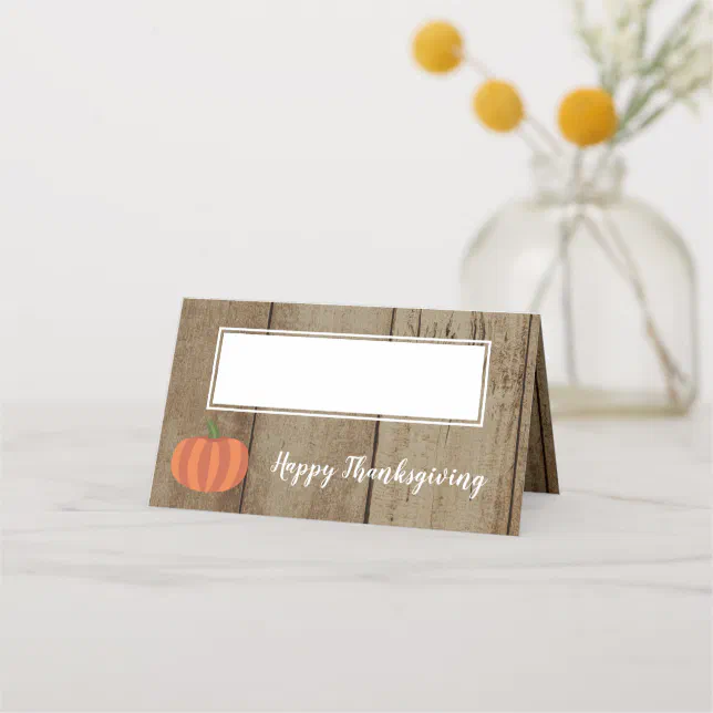 Rustic Pumpkin Faux Wood Fall Happy Thanksgiving Place Card | Zazzle