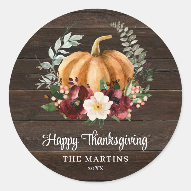 Rustic Pumpkin Happy Thanksgiving Favor Classic Round Sticker | Zazzle