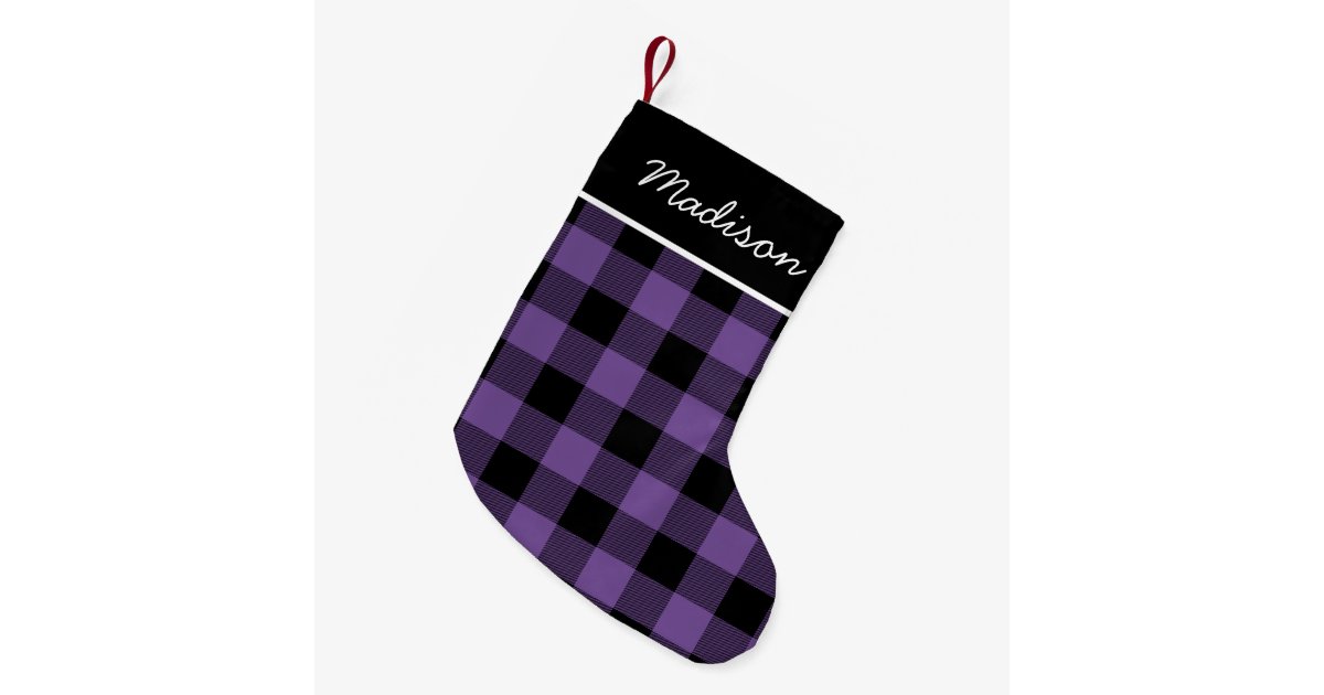 Rustic Purple and Black Buffalo Check Monogram Small Christmas Stocking ...
