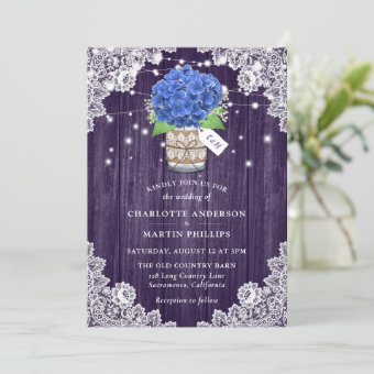 Rustic Purple and Blue Hydrangea Wedding Invitation | Zazzle